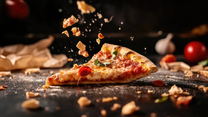 Delicious Pepperoni Pizza Slice with Falling Toppings in Rustic Setting ...