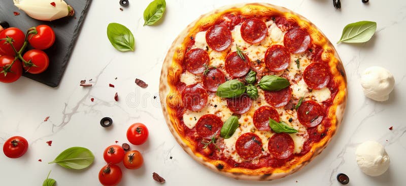 Delicious Pepperoni Pizza Topped with Fresh Basil and Mozzarella Cheese ...