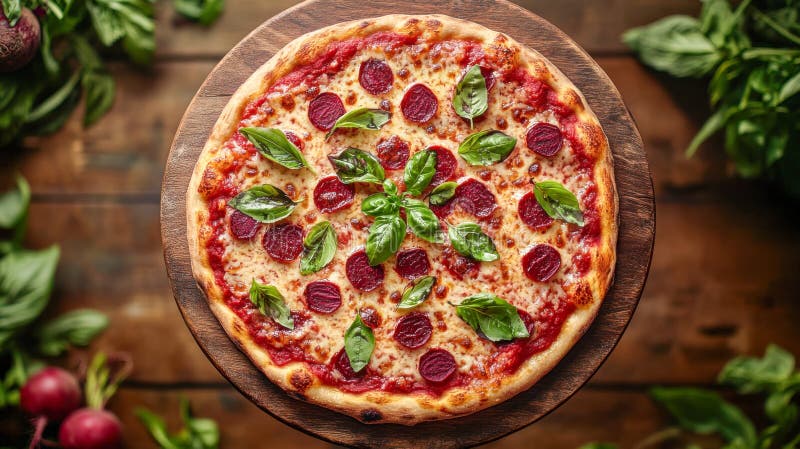 Delicious Pepperoni Pizza Topped with Fresh Basil on Wooden Table ...
