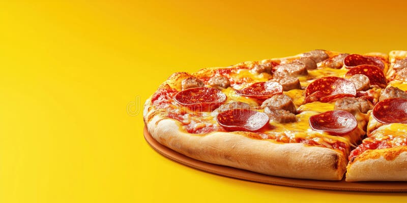 Delicious Pepperoni and Sausage Pizza with Cheese on Yellow Background ...