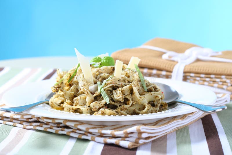 Delicious pesto pasta stock image. Image of cloth, noodles - 11982929
