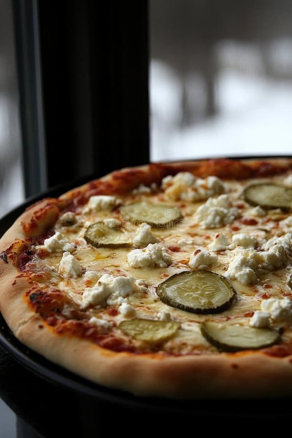 Delicious Pickle and Cheese Pizza by a Snowy Window Stock Photo - Image ...