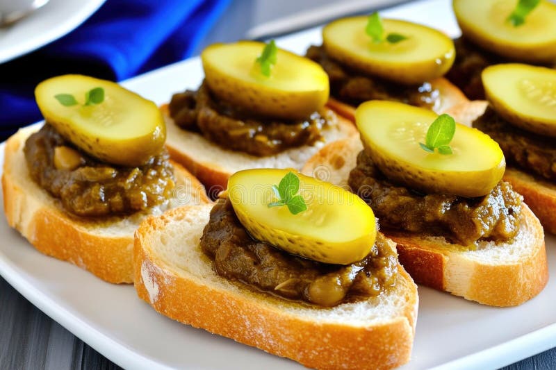 Delicious Pickle and Eggplant Spread on Toasted Bread Appetizers with ...