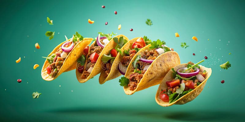 Delicious Pieces of Falling Tacos on Bright Solid Background Mexican ...