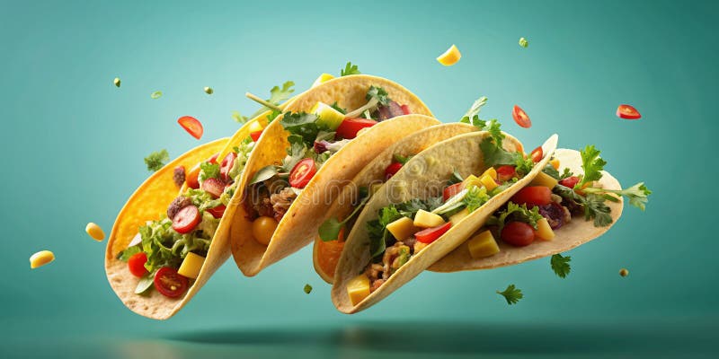 Delicious Pieces of Falling Tacos on Bright Solid Background Mexican ...
