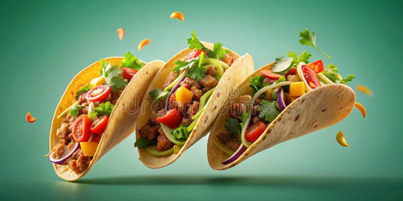 Delicious Pieces of Falling Tacos on Bright Solid Background Mexican ...