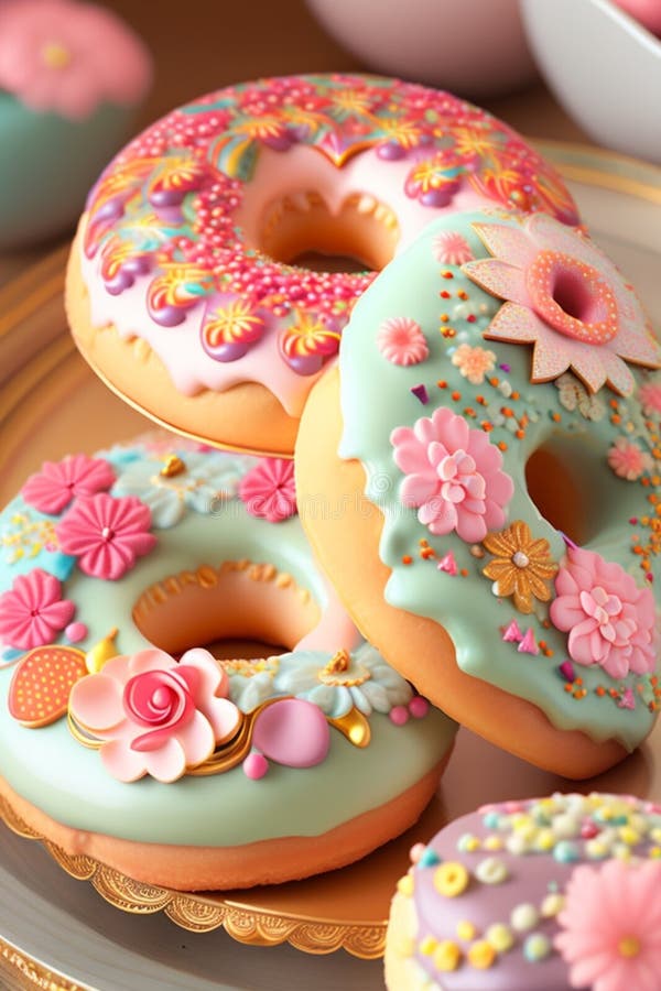 Delicious Pink and Blue Donuts Decorated with Small Flowers Generative ...