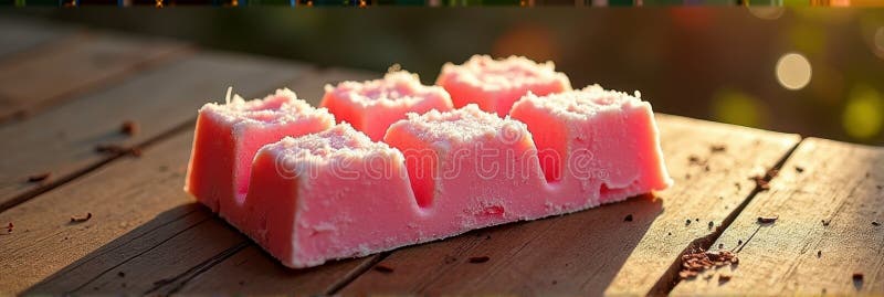 Delicious Pink Coconut Treat on Wooden Table in Sunlight Stock Image ...