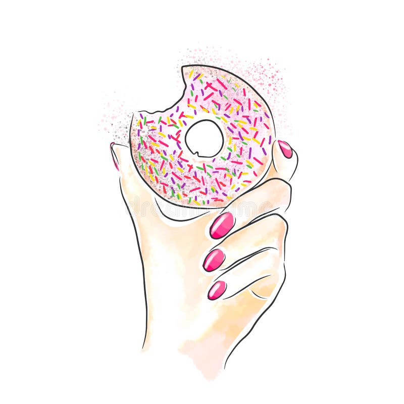Delicious Pink Donut with Powder in Hand with Pink Nails Stock Vector ...