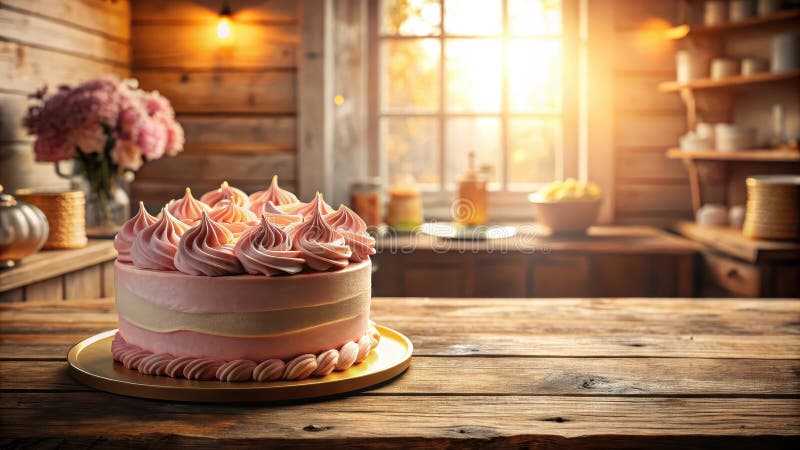 Delicious Pink Frosted Cake on Rustic Wooden Table. Generative AI Stock ...
