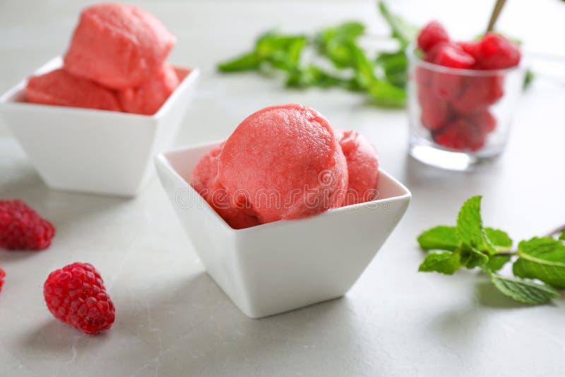 Delicious Pink Ice Cream in Bowl on Grey Stock Image - Image of ...