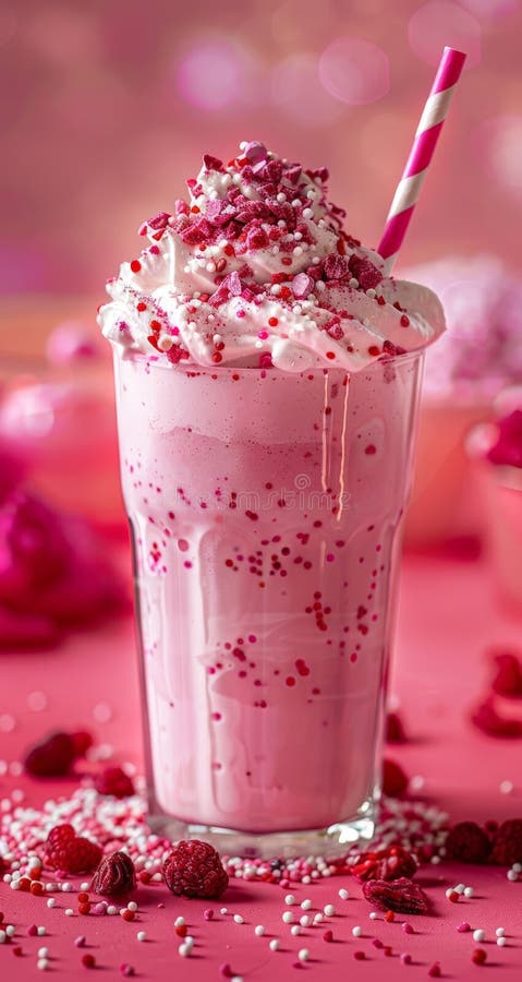 Delicious Pink Milkshake with Whipped Cream and Sprinkles Stock ...