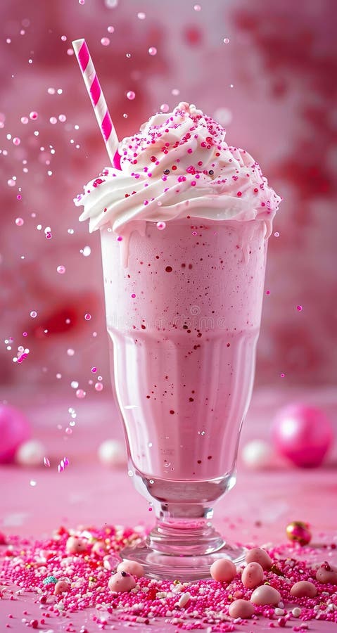 Delicious Pink Milkshake with Whipped Cream and Sprinkles Stock ...