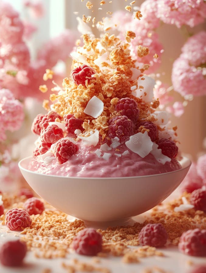 Delicious Pink Yogurt with Raspberries and Granola in a Bowl. Stock ...