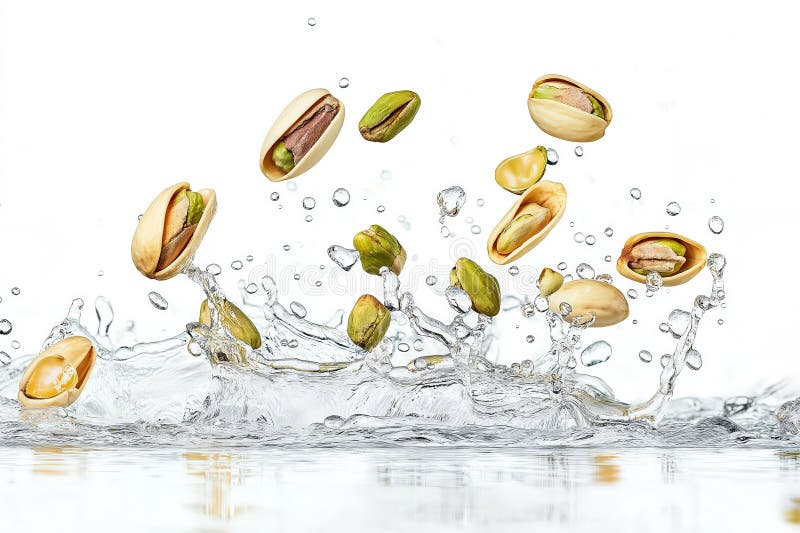 Delicious Pistachios Falling and Splashing into Water on White ...