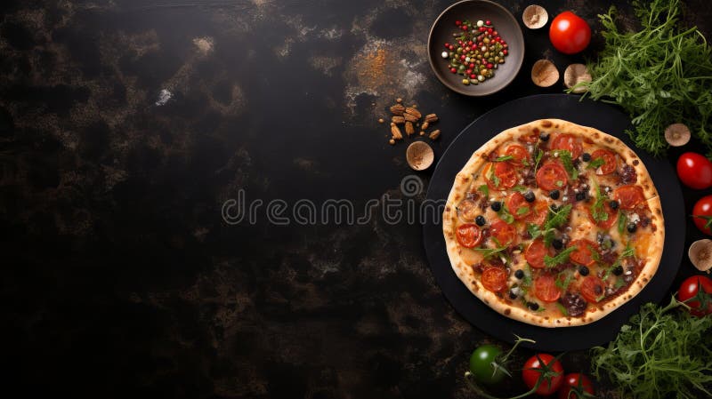 Delicious Pizza on Black Stone, Top View, Appetizing Ingredients, Empty ...