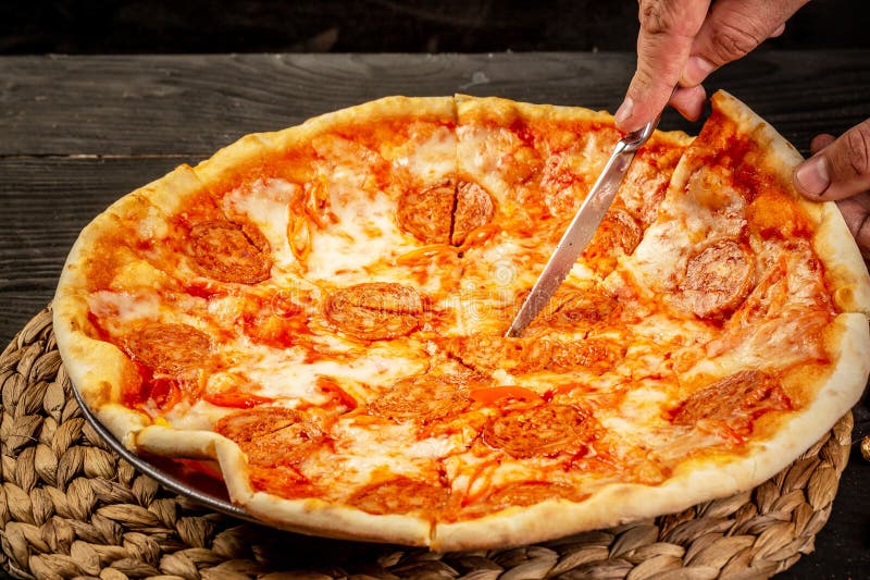Delicious Pizza Diablo on Wooden Table. Space for Text Stock Image ...