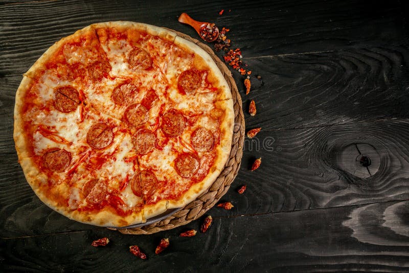 Delicious Pizza Diablo on Wooden Table, Top View. Space for Text Stock ...