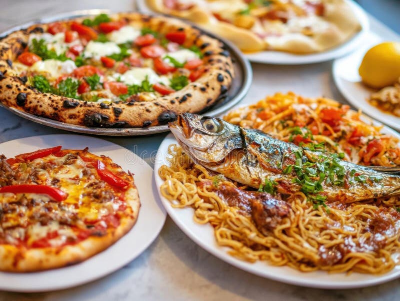 Delicious Pizza, Noodles, and Grilled Fish Stock Illustration ...