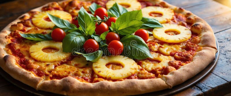 Delicious Pizza with Pineapple and Basil Waiting for Customers on ...