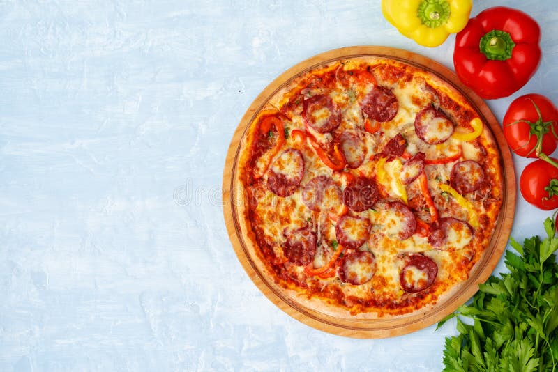 Delicious Pizza with Sausages on Gray Background Stock Image - Image of ...