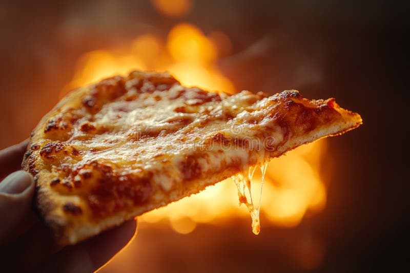 Delicious Pizza Slice with Melted Cheese Stretching and Oven Flames in ...
