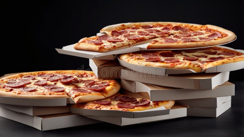 Delicious Pizza and Stack of Pizza Boxes, Isolated on Black Background ...