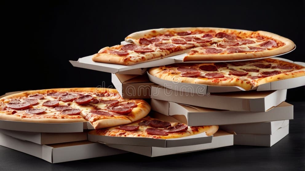 Delicious Pizza and Stack of Pizza Boxes, Isolated on Black Background ...