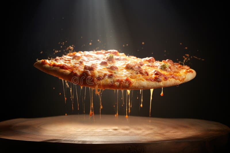 Delicious Pizza with Stretching Cheese on Black Background with Fire ...