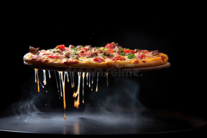Delicious Pizza with Stretching Cheese on Black Background with Fire ...