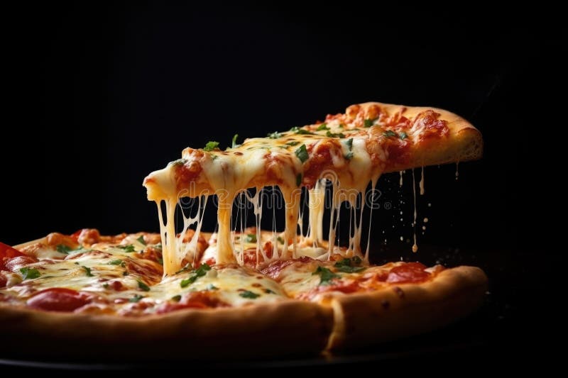 Delicious Pizza with Stretching Cheese on Black Background with Fire ...
