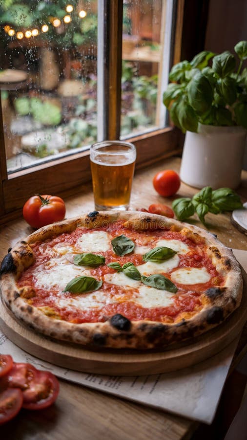 A Delicious Pizza Topped with Fresh Basil and Mozzarella is Placed by a ...