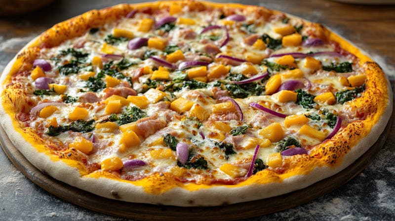 Delicious Pizza Topped with Mango, Ham, Spinach, and Red Onion Stock ...