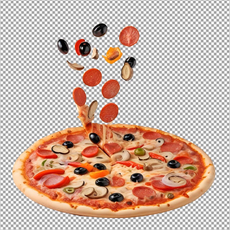 A Delicious Pizza with Toppings Flying in the Air Stock Photo ...