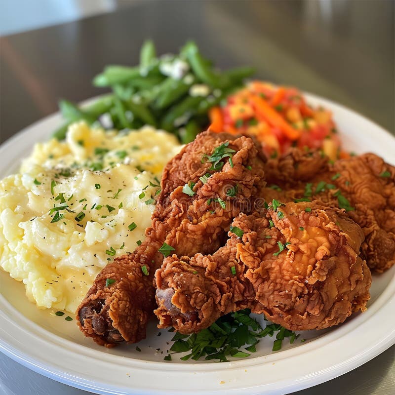 Crispy Fried Chicken with Mashed Potatoes and Green Beans Stock ...