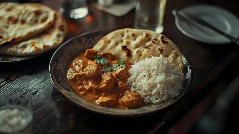 A Delicious Plate Featuring Curry, Rice, and Naan Bread, Perfect for a ...