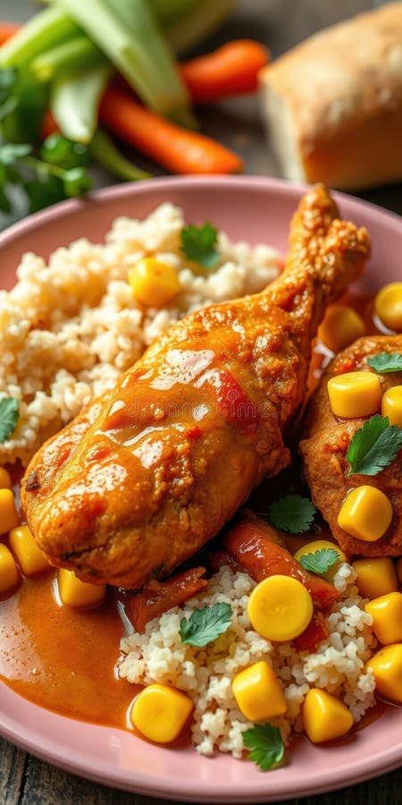 Delicious Plate of Fried Chicken with Corn and Rice Served in a Rustic ...