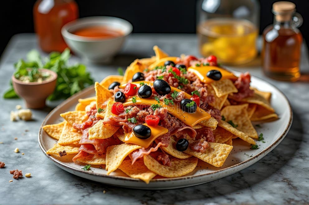 Delicious Plate of Loaded Nachos with Olives, Cheese, and Salsa on a ...
