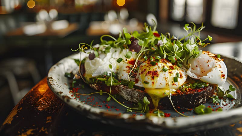 Delicious Poached Eggs with Microgreens and Spices Served on Toasted ...