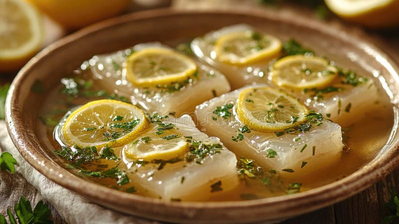 Delicious Poached Fish in Lemon Sauce Being Served on a Plate Stock ...