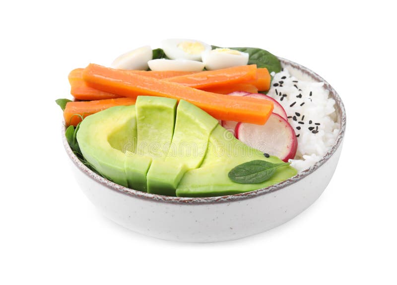 Delicious Poke Bowl with Basil, Eggs, Avocado and Vegetables Isolated ...