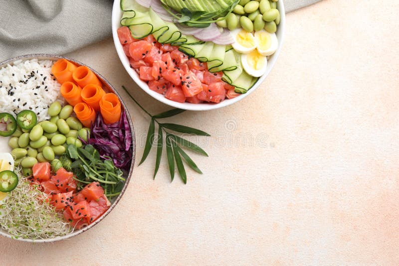 Delicious Poke Bowls with Vegetables, Fish and Edamame Beans on Light ...