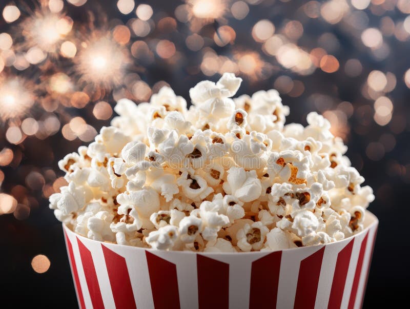Delicious Popcorn in a Striped Container with Festive Lights in the ...