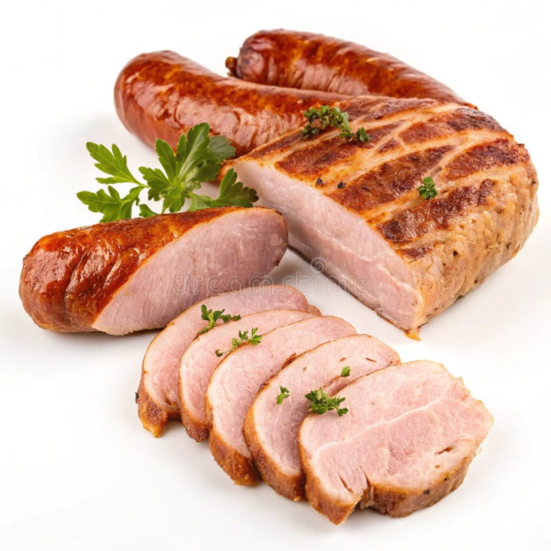 Delicious Pork and Sausage with Meat Isolated on White Background Stock ...