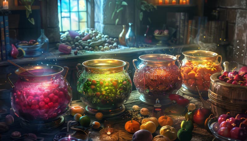 Delicious Potions Bubble in Cauldrons, Surrounded by Floating Fruit and ...