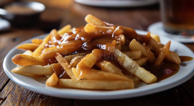 Delicious Poutine Dish on a Wooden Table Stock Illustration ...