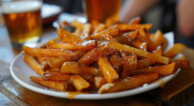 Delicious Poutine on a Plate with a Pint of Beer in the Background ...