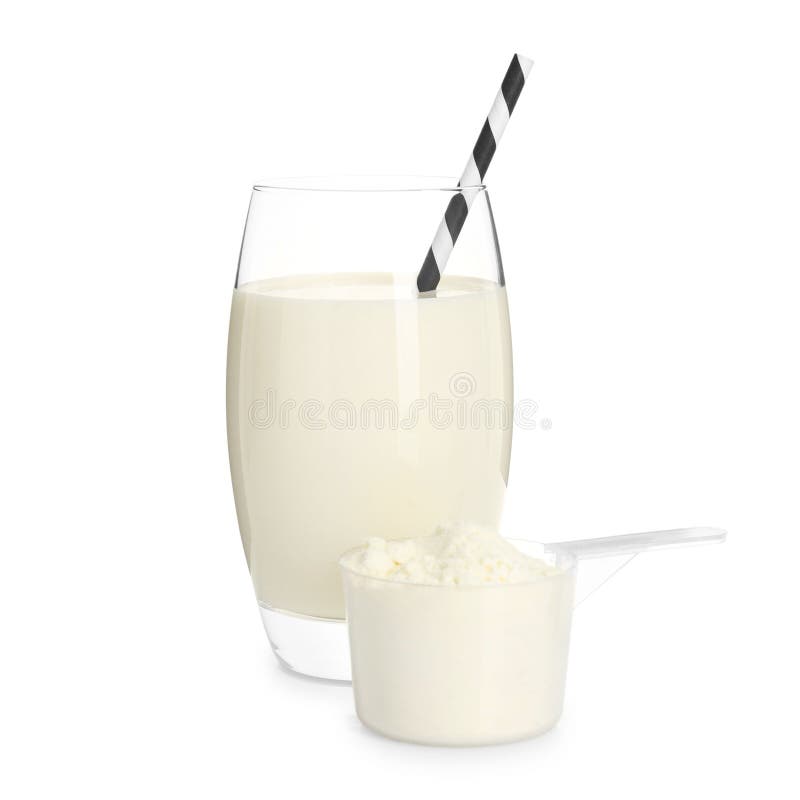 Delicious Protein Shake in Glass and Scoop with Powder Isolated on ...