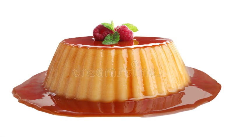 Delicious Pudding with Caramel, Raspberries and Mint Isolated on White ...