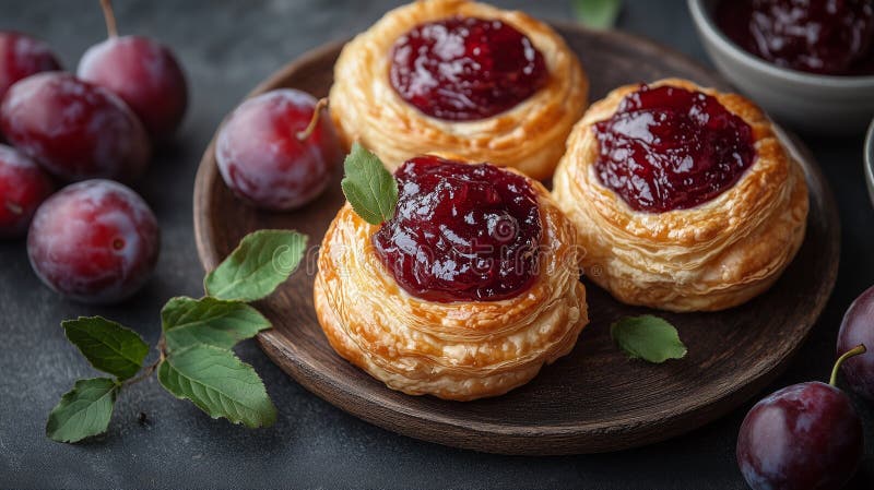 Delicious Puff Pastries, Jam and Plums on Wooden Table, Top View Stock ...